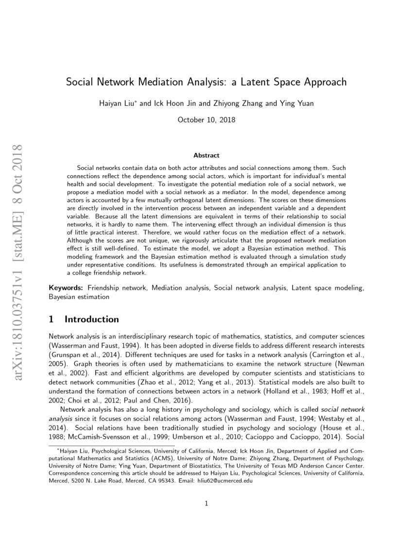Social Network Mediation Analysis: a Latent Space Approach | DeepAI Social Network Mediation Analysis: a Latent Space Approach | DeepAI