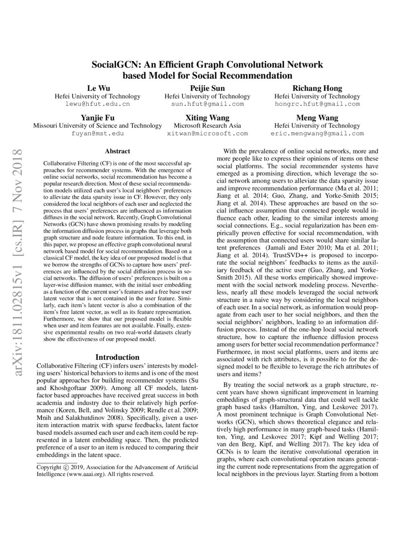 Socialgcn An Efficient Graph Convolutional Network Based Model For Social Recommendation Deepai