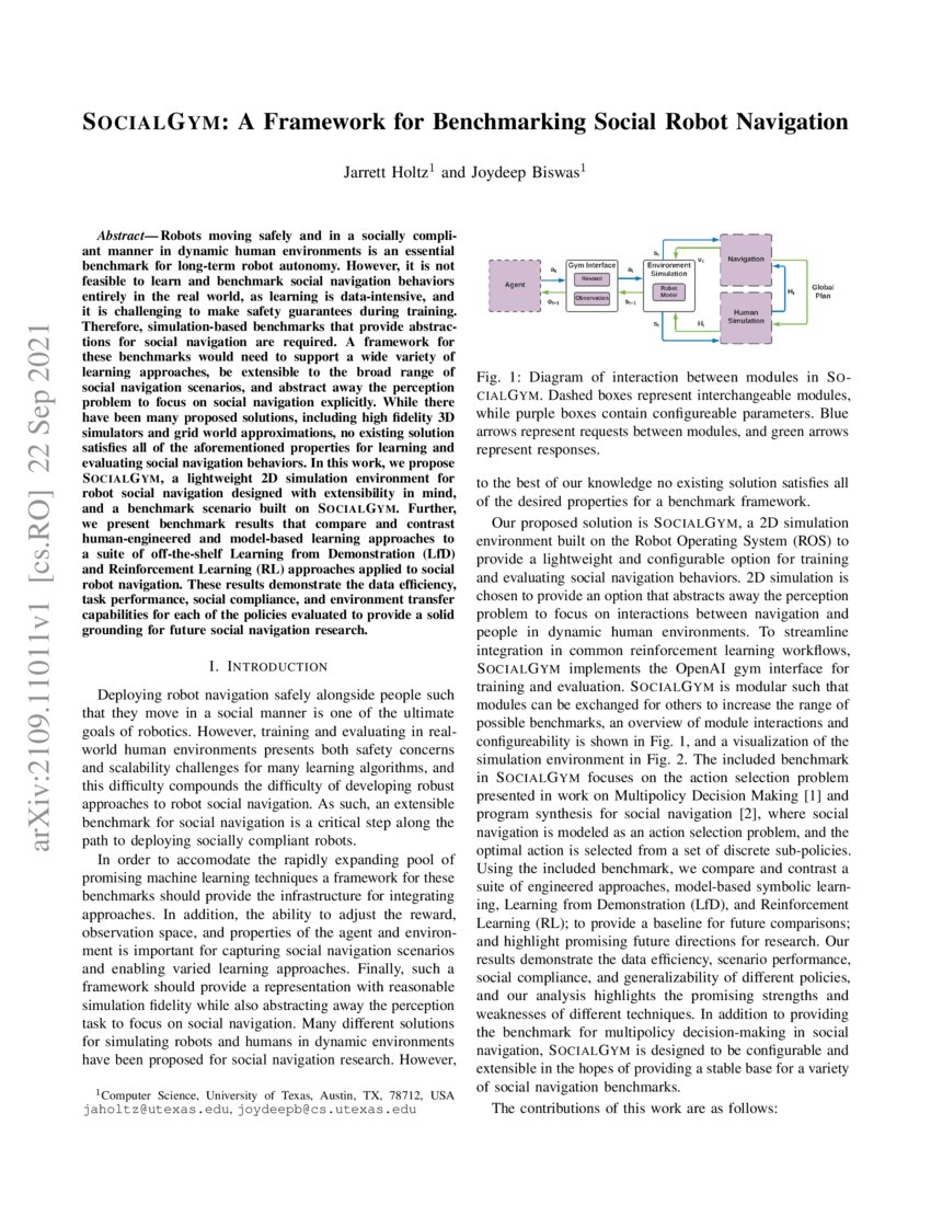SOCIALGYM: A Framework for Benchmarking Social Robot Navigation | DeepAI