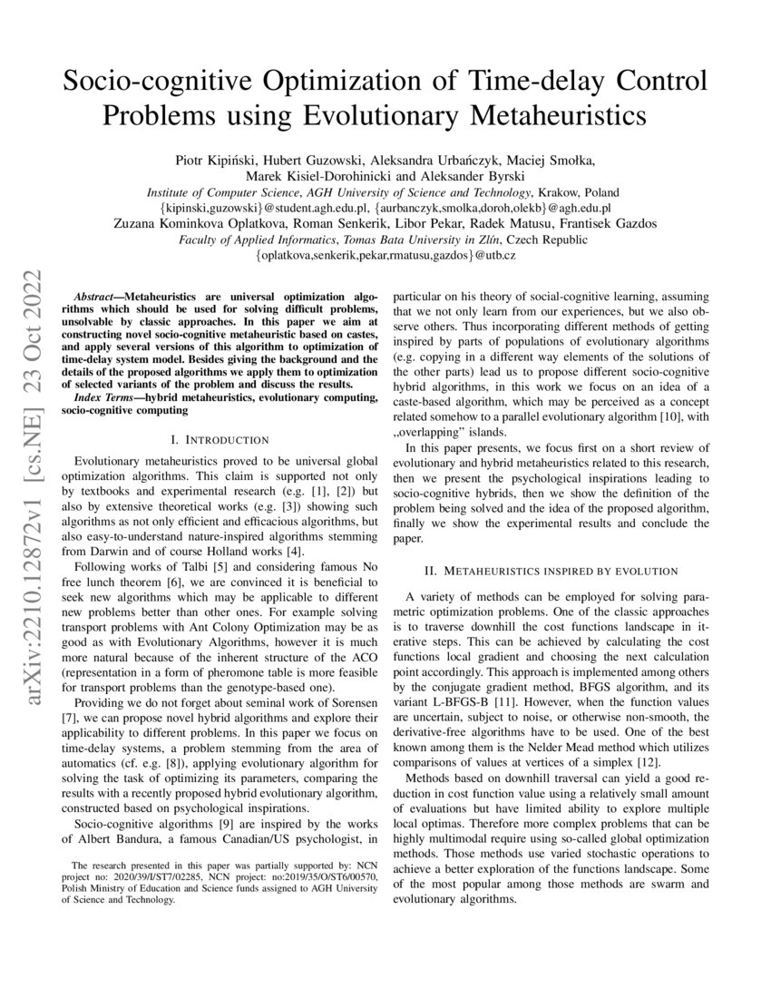Socio Cognitive Optimization Of Time Delay Control Problems Using Evolutionary Metaheuristics