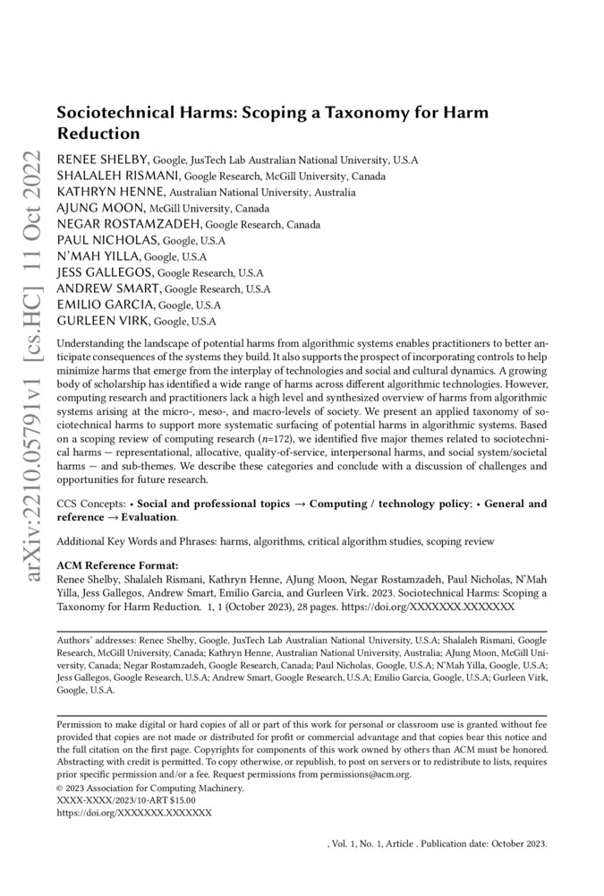 Sociotechnical Harms of Algorithmic Systems: Scoping a Taxonomy for ...