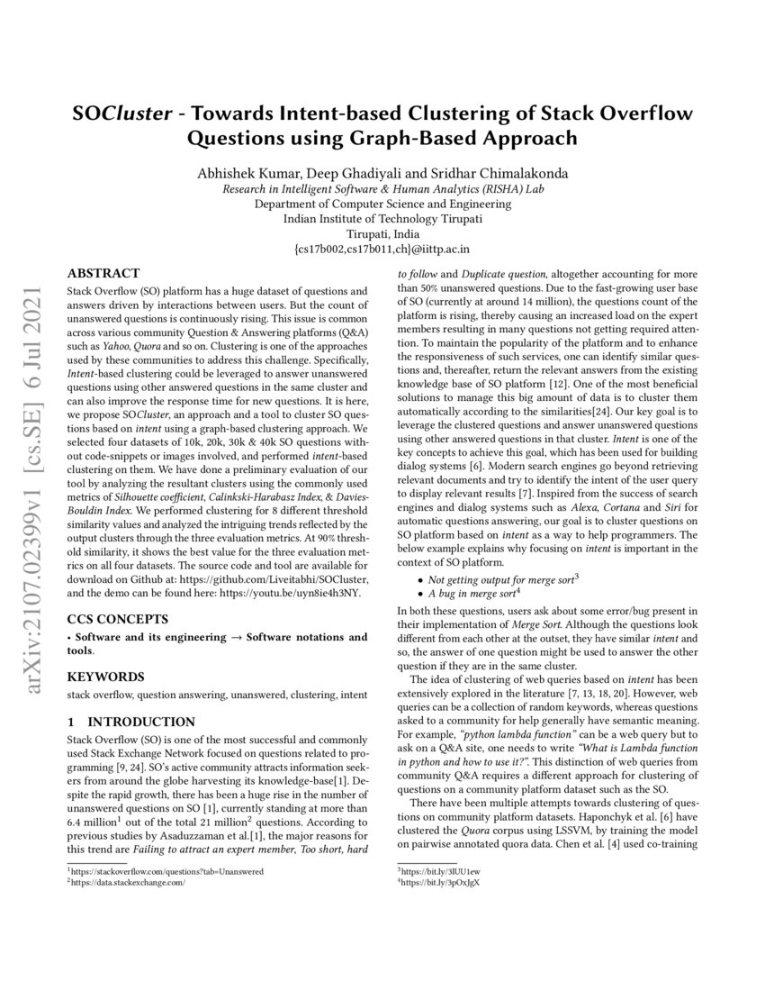 Socluster Towards Intent Based Clustering Of Stack Overflow Questions