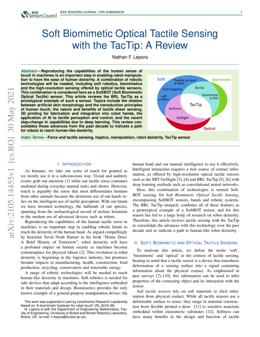 Soft Biomimetic Optical Tactile Sensing with the TacTip: A Review | DeepAI