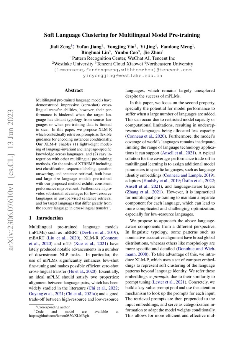 Soft Language Clustering for Multilingual Model Pre-training | DeepAI