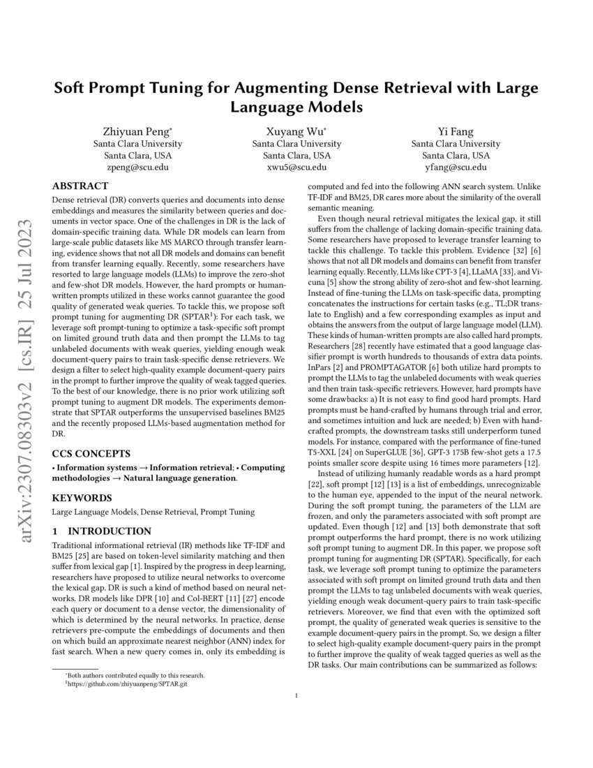 Soft Prompt Tuning For Augmenting Dense Retrieval With Large Language Models Deepai