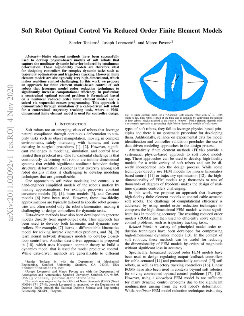 Soft Robot Optimal Control Via Reduced Order Finite Element Models Deepai