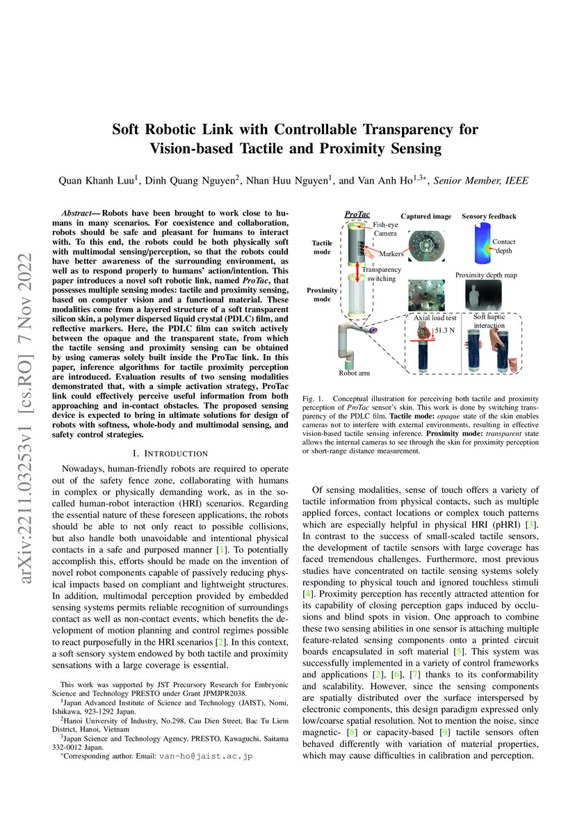 Soft Robotic Link With Controllable Transparency For Vision Based Tactile And Proximity Sensing
