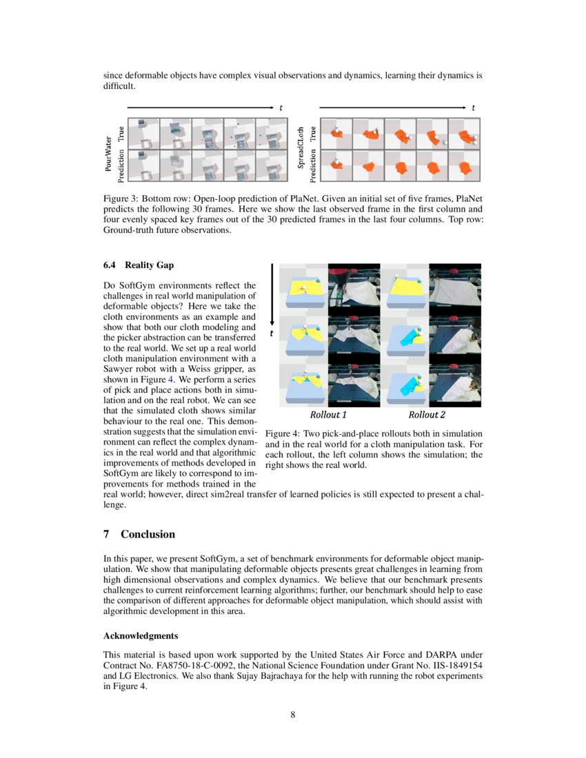 Softgym Benchmarking Deep Reinforcement Learning For Deformable Object