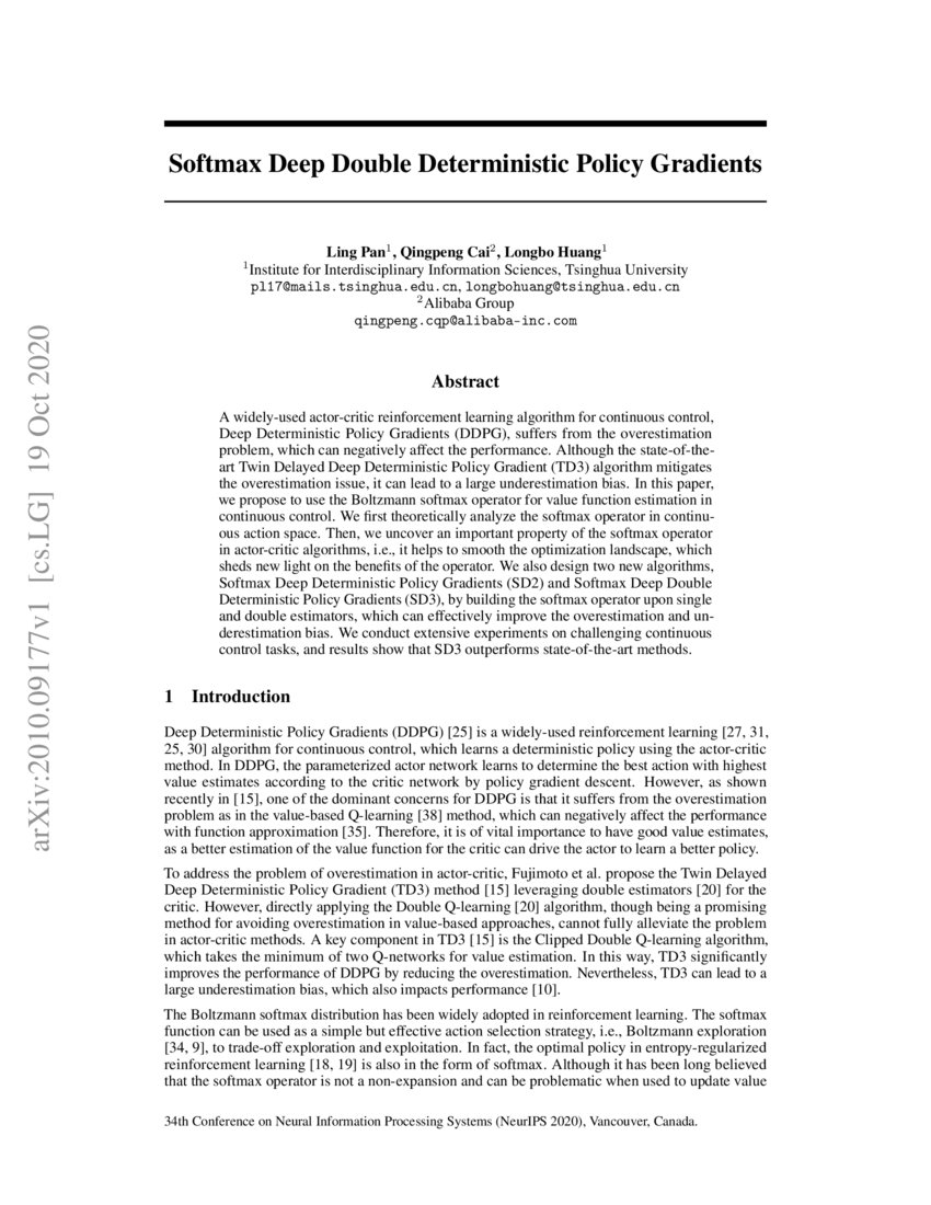 Softmax Deep Double Deterministic Policy Gradients | DeepAI