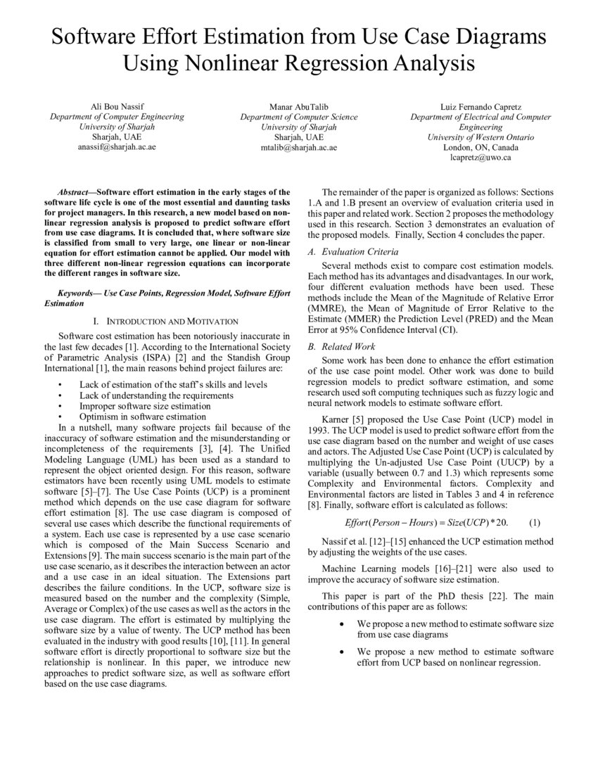Software Effort Estimation From Use Case Diagrams Using Nonlinear Regression Analysis Deepai