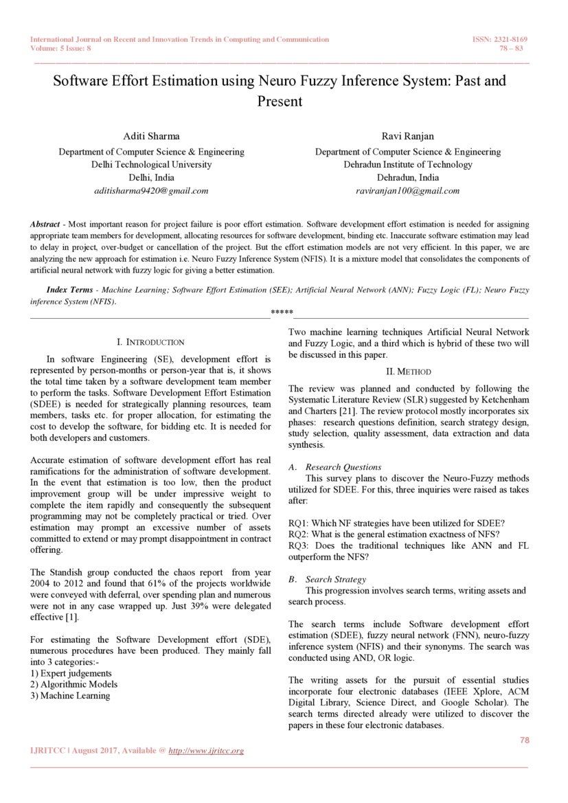 Software Effort Estimation Using Neuro Fuzzy Inference System Past And Present Deepai