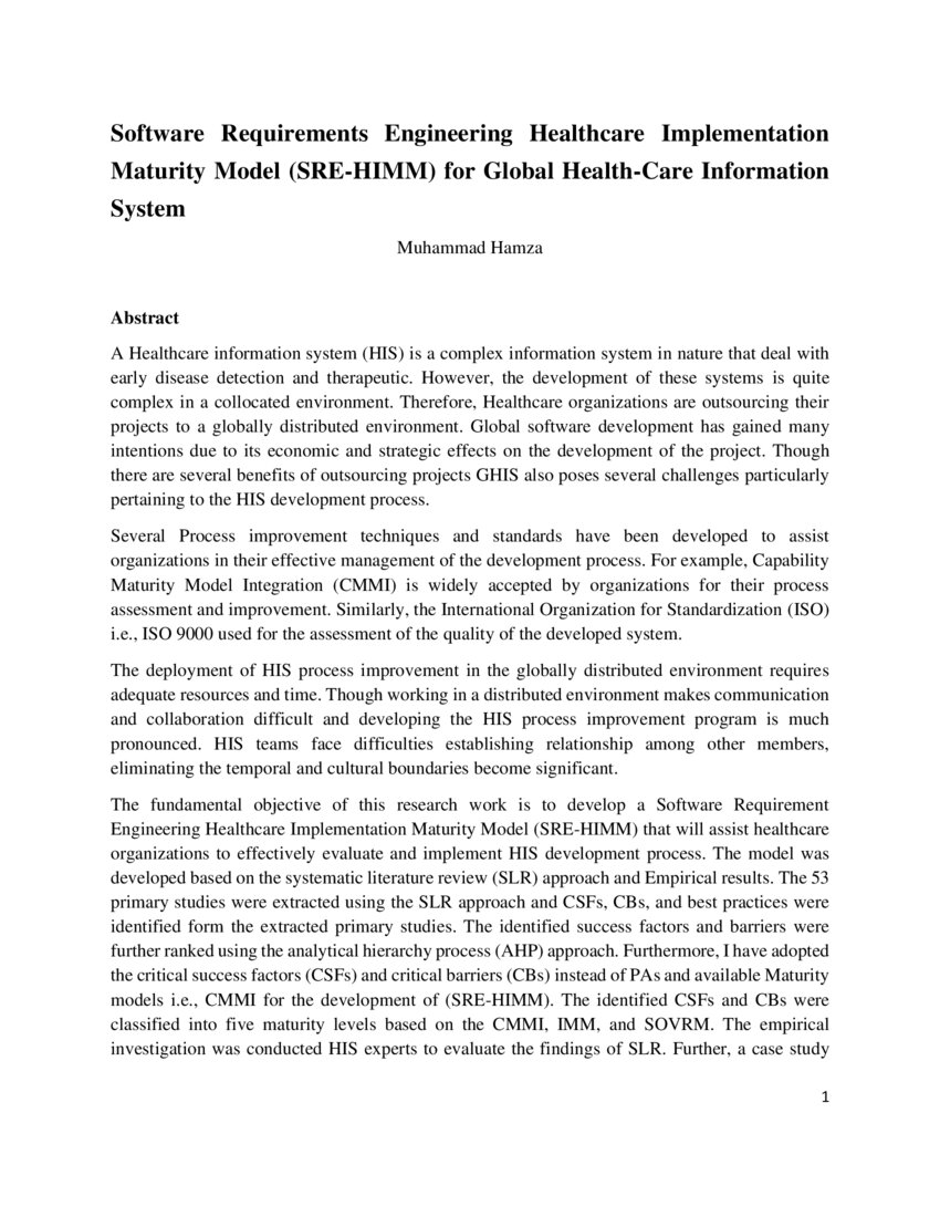 Software Requirements Engineering Healthcare Implementation Maturity Model (SRE-HIMM) for Global ...