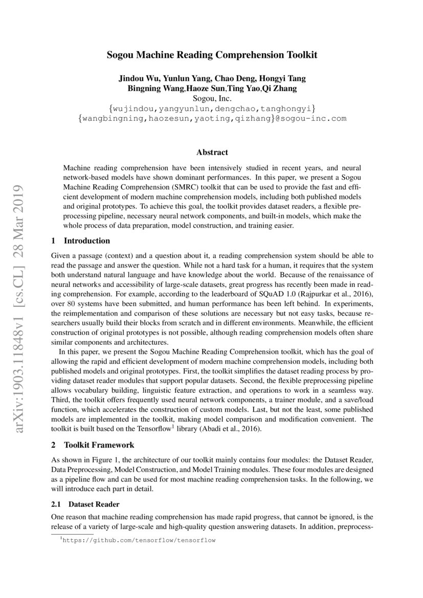 Sogou Machine Reading Comprehension Toolkit | DeepAI