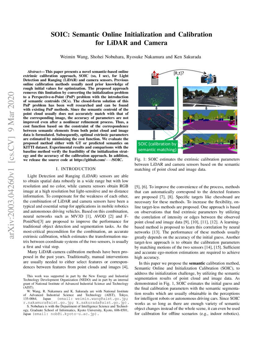 SOIC: Semantic Online Initialization and Calibration for LiDAR and Camera | DeepAI