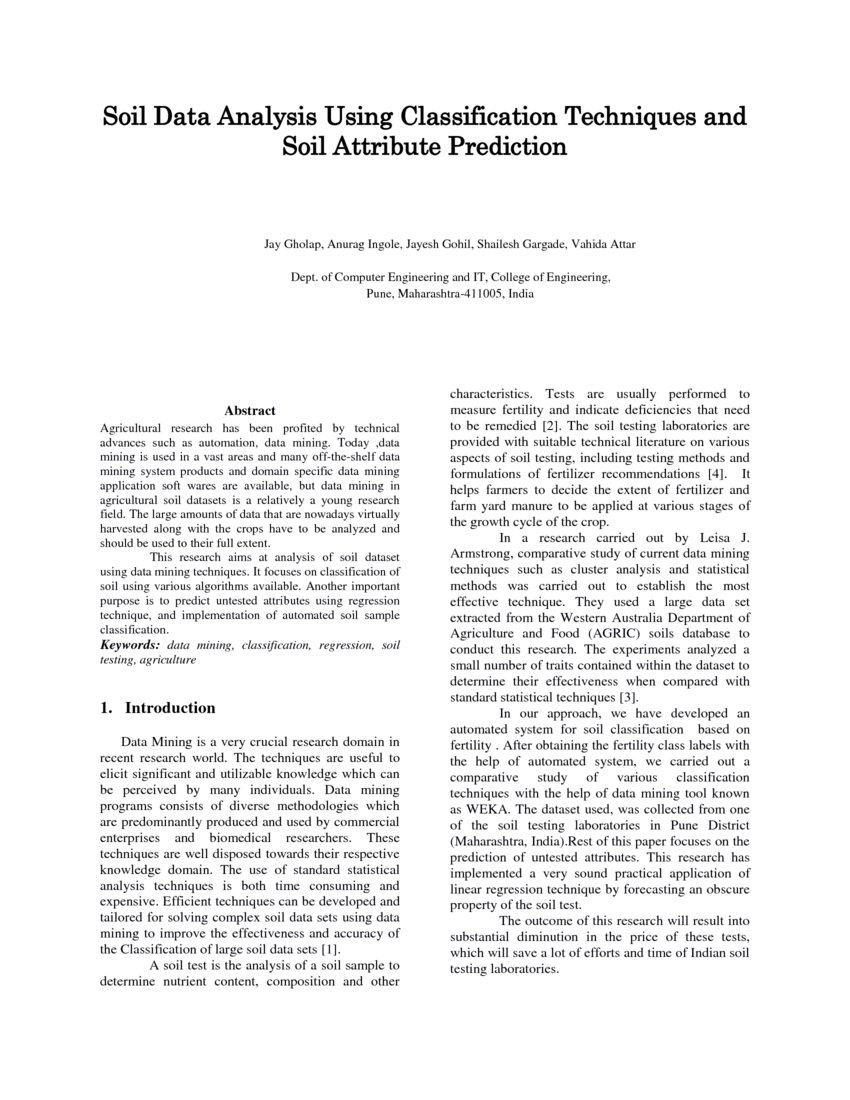 Soil Data Analysis Using Classification Techniques and Soil Attribute Prediction | DeepAI