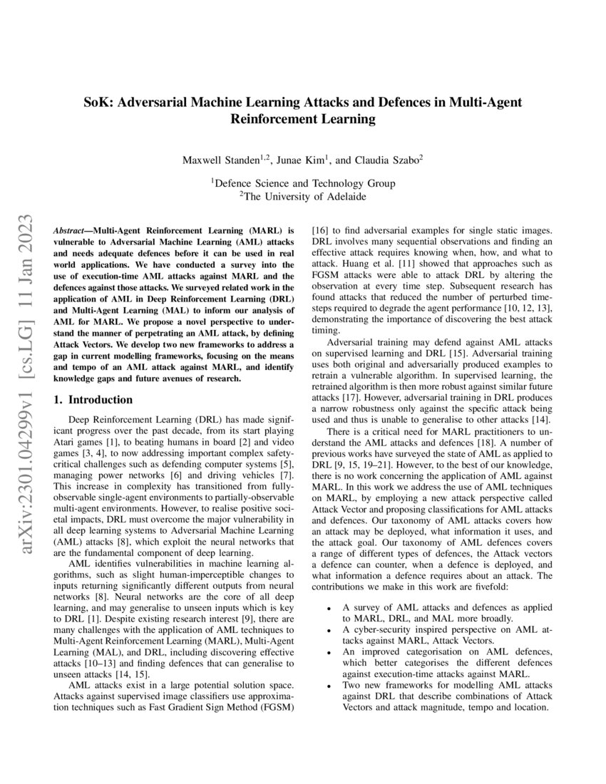 Sok Adversarial Machine Learning Attacks And Defences In Multi Agent Reinforcement Learning