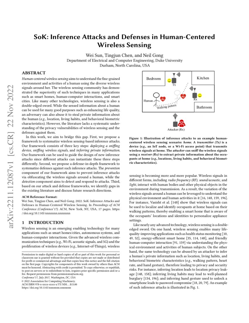 Sok Inference Attacks And Defenses In Human Centered Wireless Sensing Deepai 
