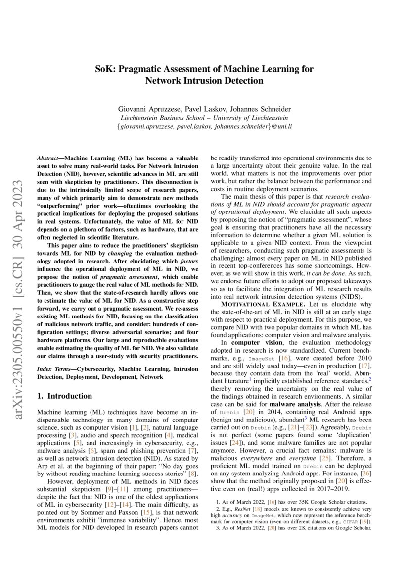 SoK: Pragmatic Assessment of Machine Learning for Network Intrusion Detection | DeepAI