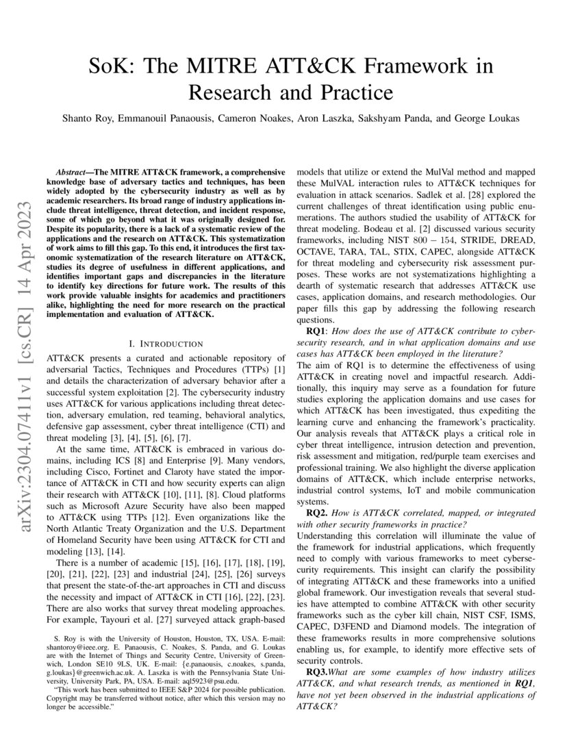 SoK: The MITRE ATT CK Framework in Research and Practice | DeepAI SoK: The MITRE ATT CK Framework in Research and Practice | DeepAI