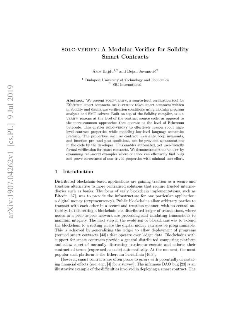 Solc Verify A Modular Verifier For Solidity Smart Contracts Deepai