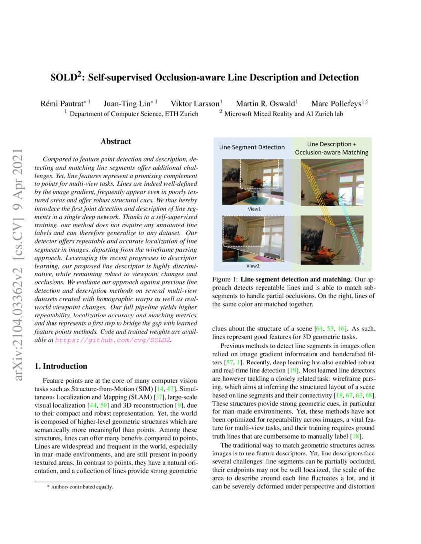 SOLD2: Self-supervised Occlusion-aware Line Description and Detection | DeepAI