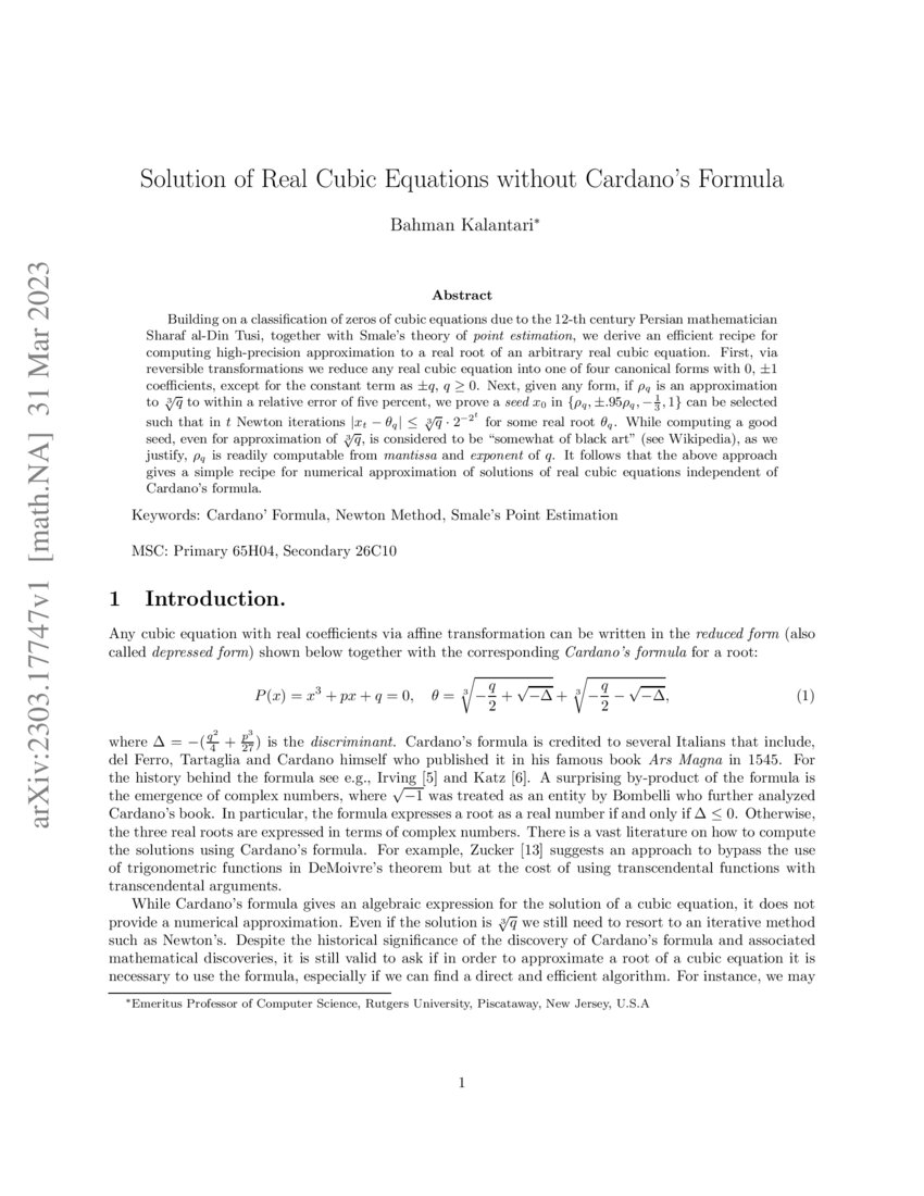 Solution of Real Cubic Equations without Cardano's Formula | DeepAI