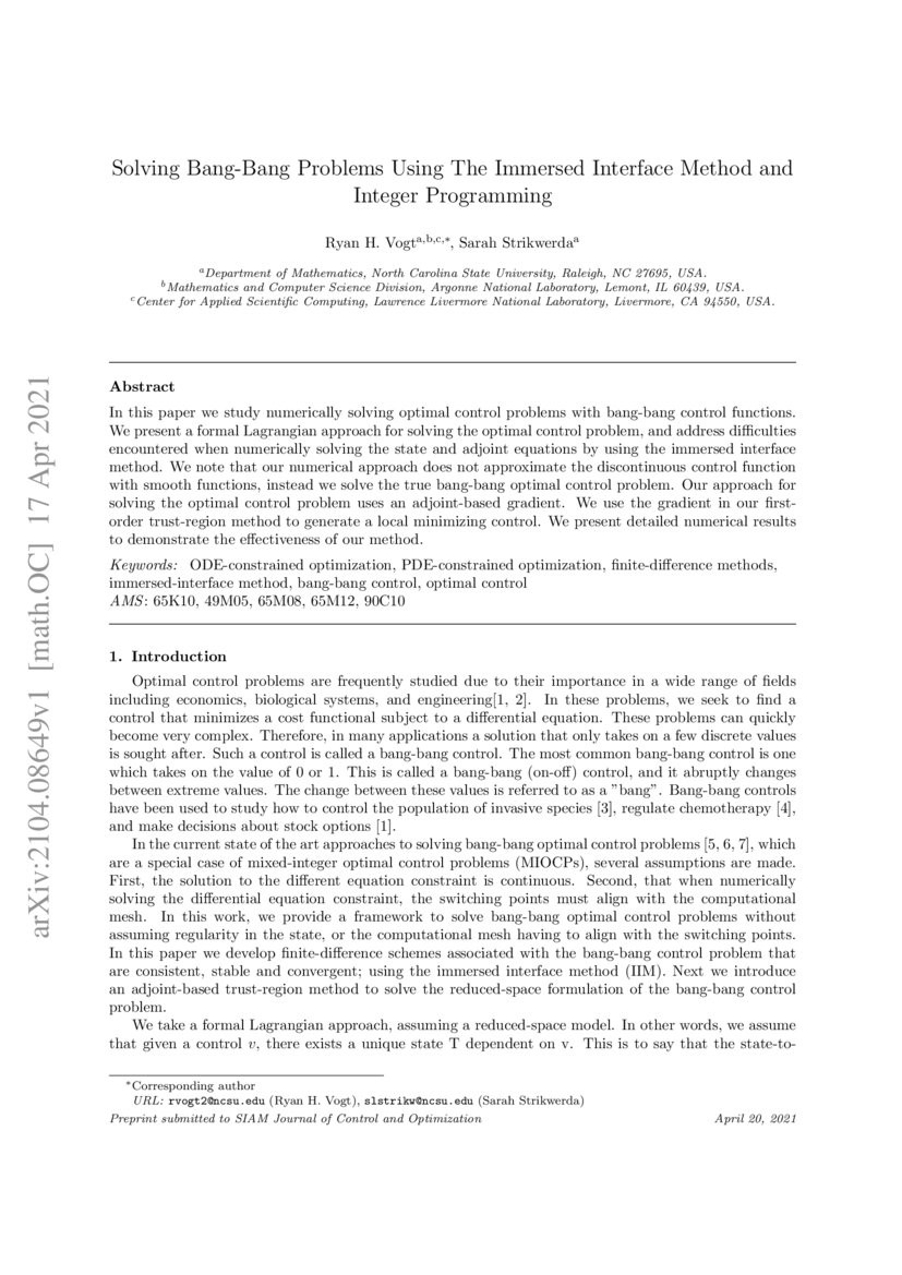Solving Bang-Bang Problems Using The Immersed Interface Method and Integer Programming | DeepAI
