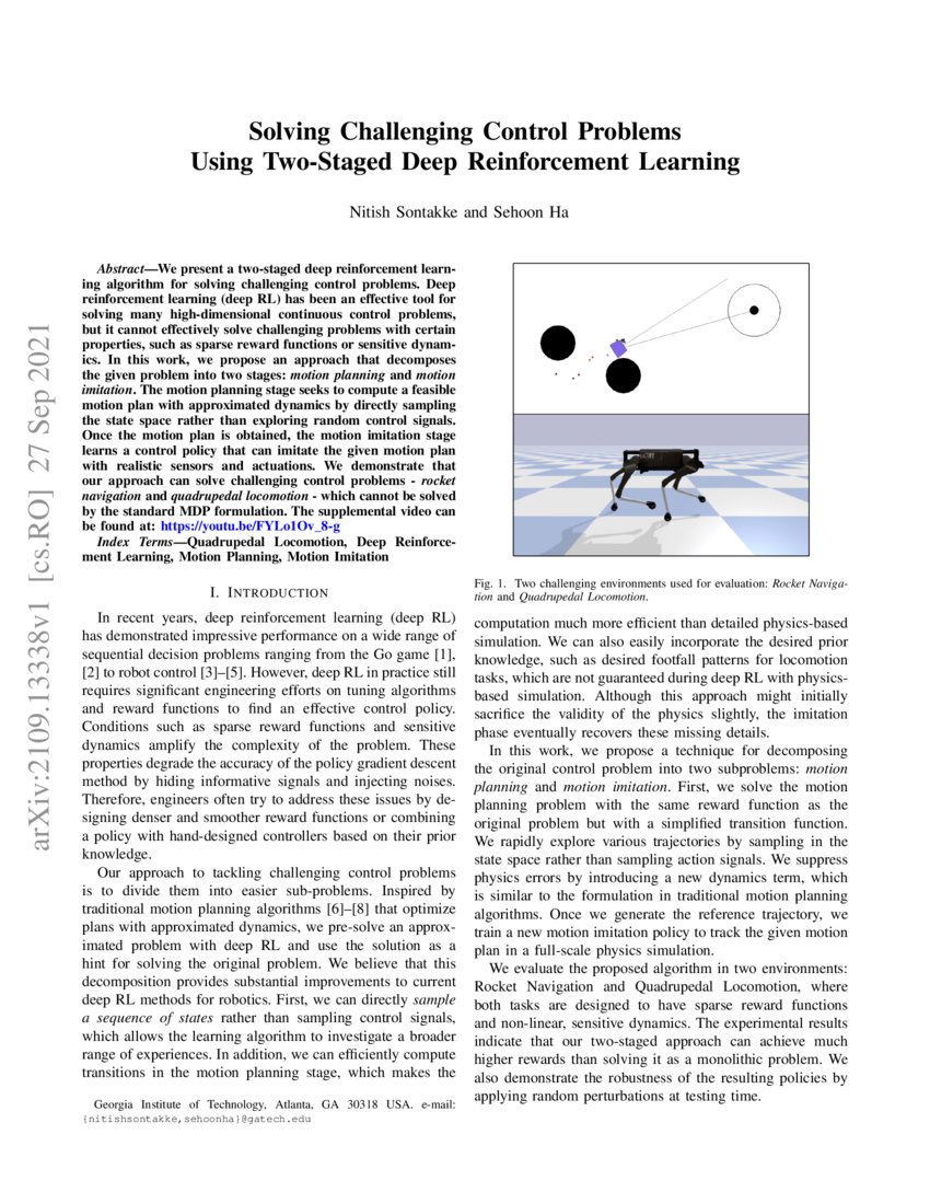 Solving Challenging Control Problems Using Two-Staged Deep Reinforcement Learning | DeepAI