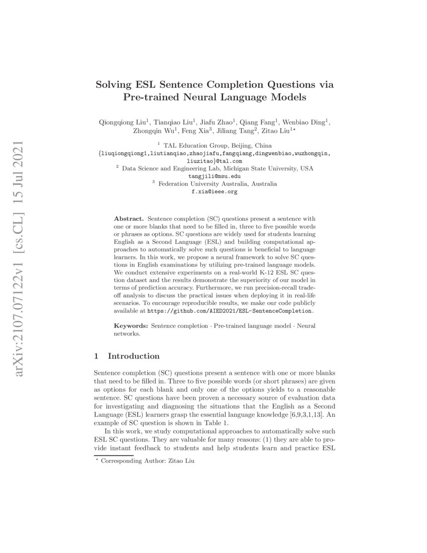Solving ESL Sentence Completion Questions via Pre-trained Neural ...