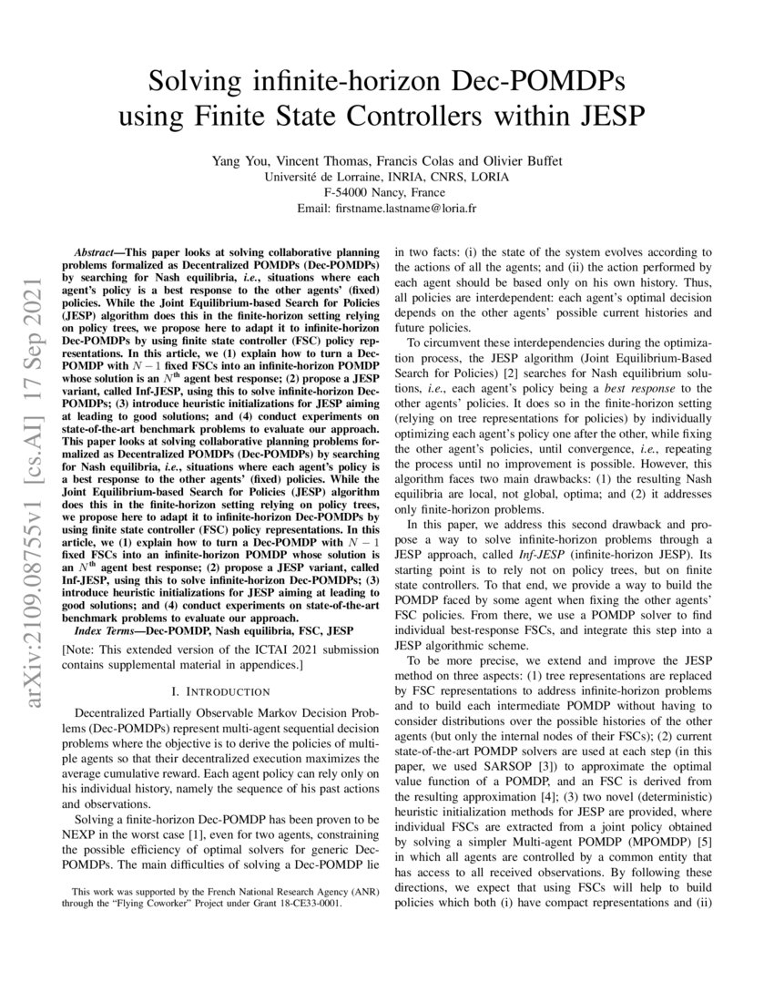 Solving Infinite Horizon Dec Pomdps Using Finite State Controllers