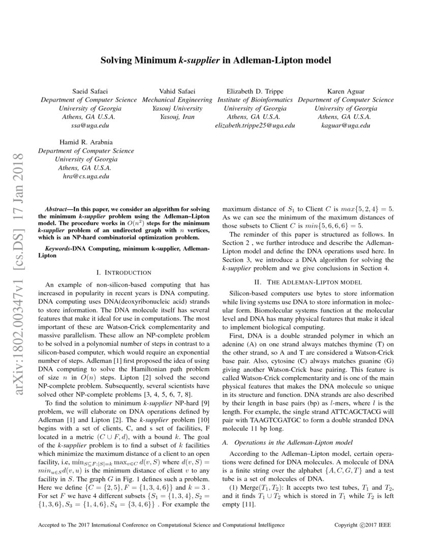 Solving Minimum k-supplier in Adleman-Lipton model | DeepAI