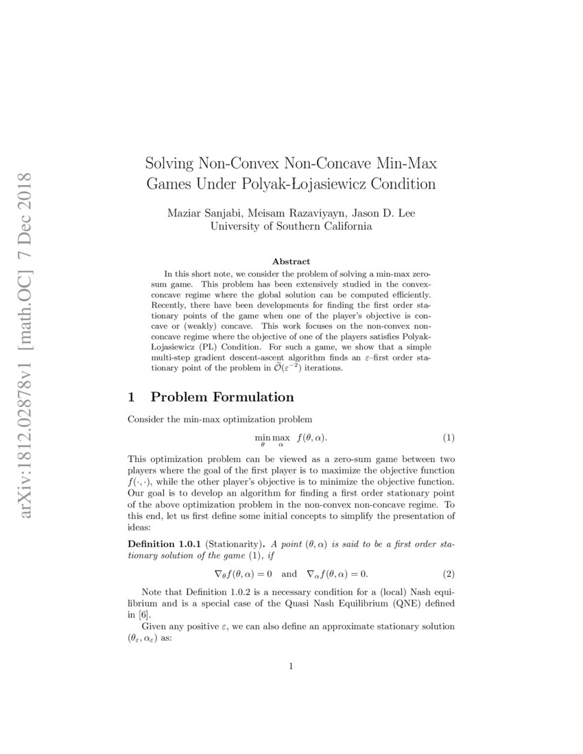 Solving Non-Convex Non-Concave Min-Max Games Under Polyak-Łojasiewicz Condition | DeepAI