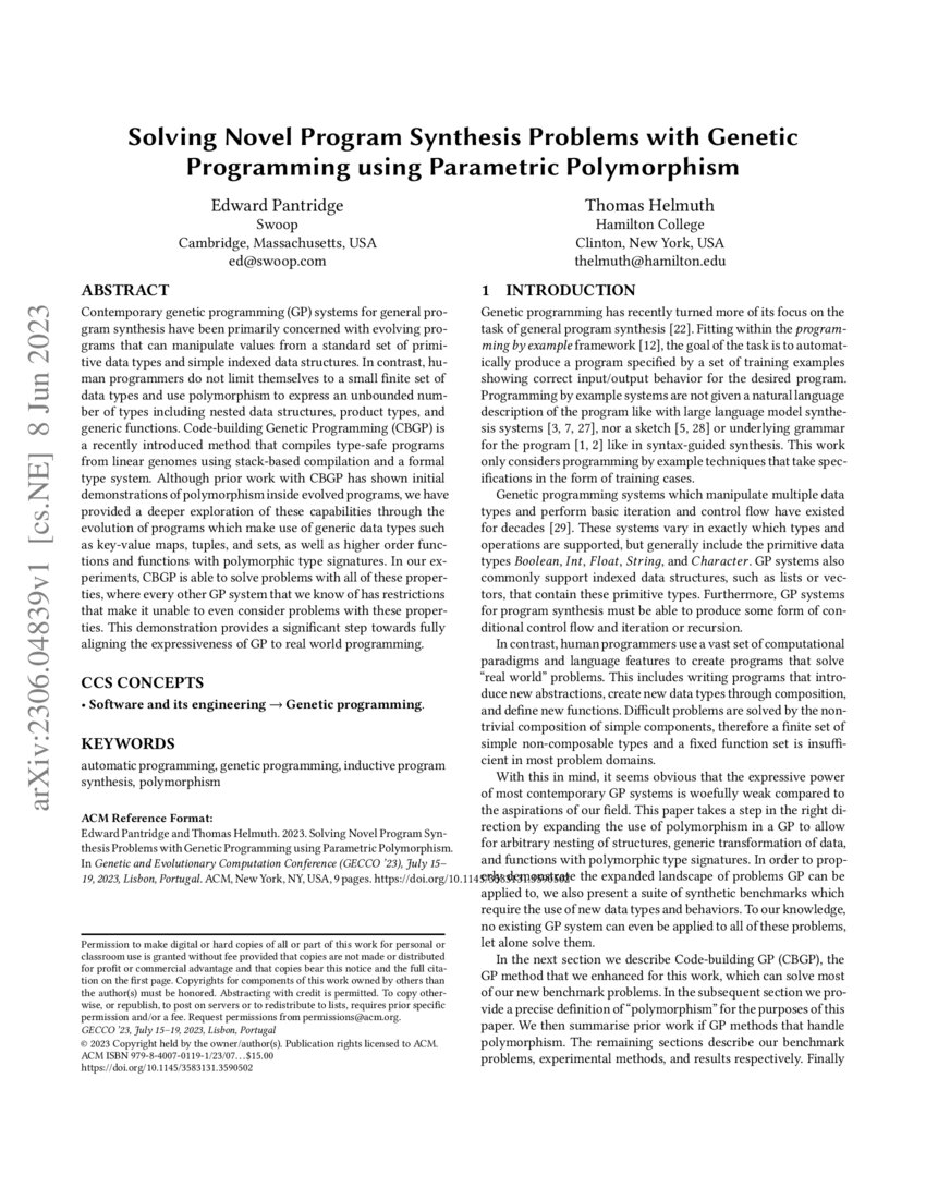Solving Novel Program Synthesis Problems With Genetic Programming Using Parametric Polymorphism