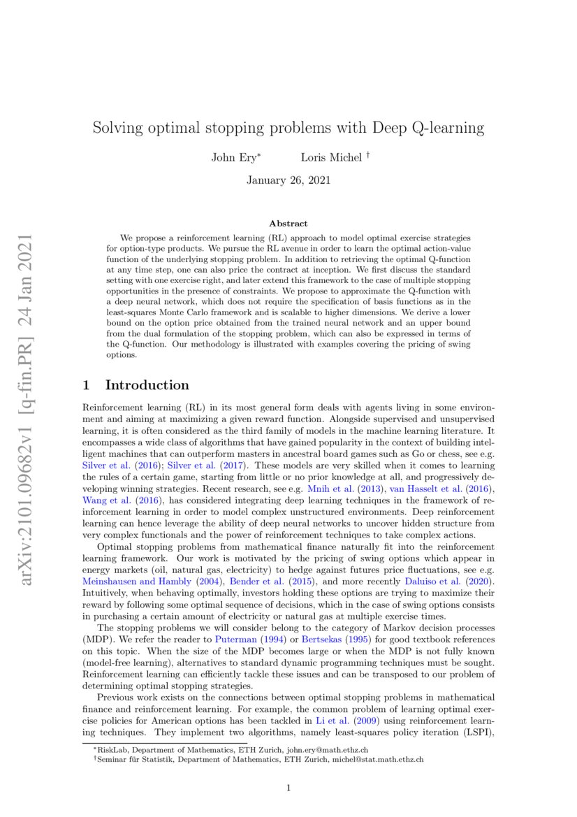Solving optimal stopping problems with Deep Q-Learning | DeepAI