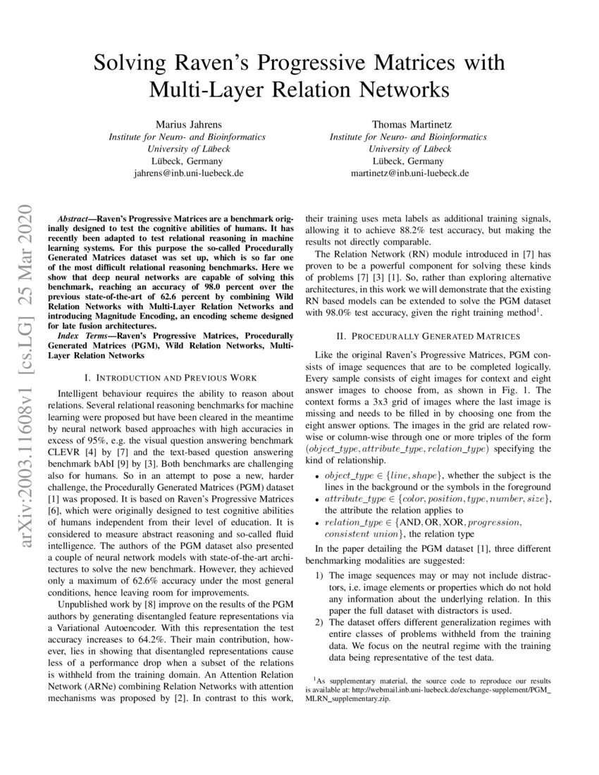 Solving Raven's Progressive Matrices with Multi-Layer Relation Networks | DeepAI