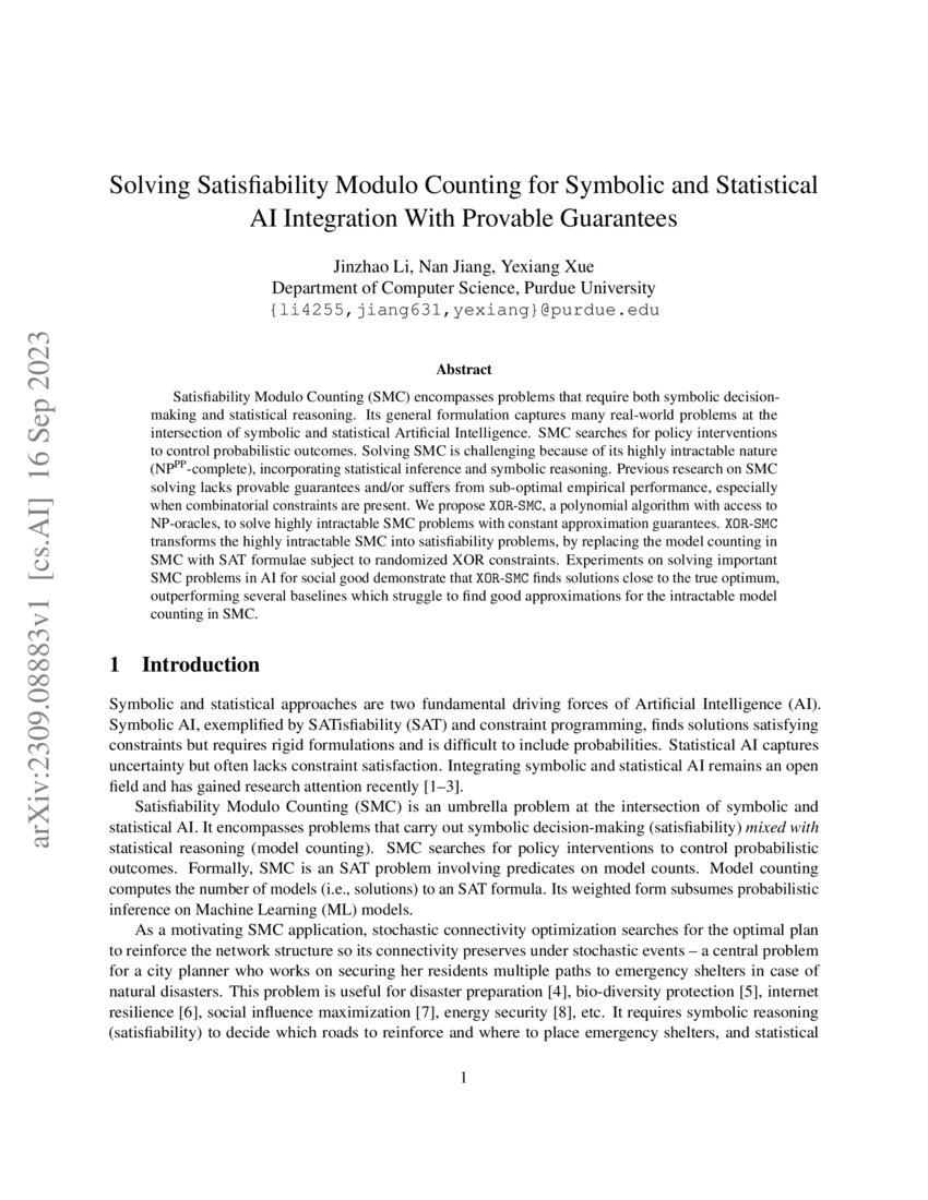 Solving Satisfiability Modulo Counting For Symbolic And Statistical Ai Integration With Provable