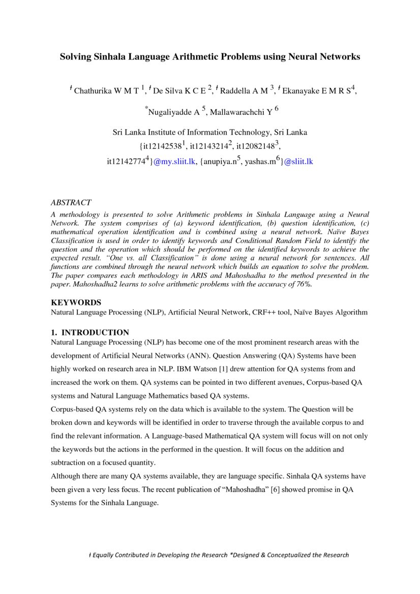 Solving Sinhala Language Arithmetic Problems Using Neural Networks Deepai