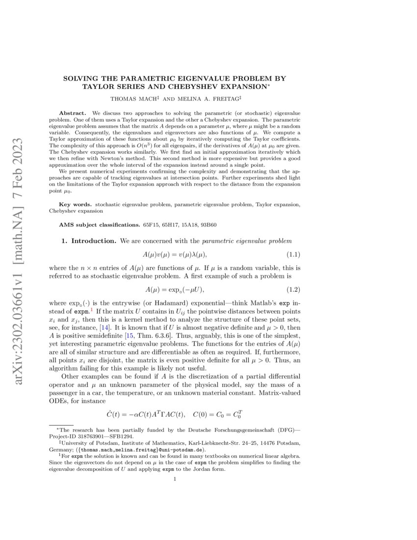 Solving the Parametric Eigenvalue Problem by Taylor Series and Chebyshev Expansion | DeepAI