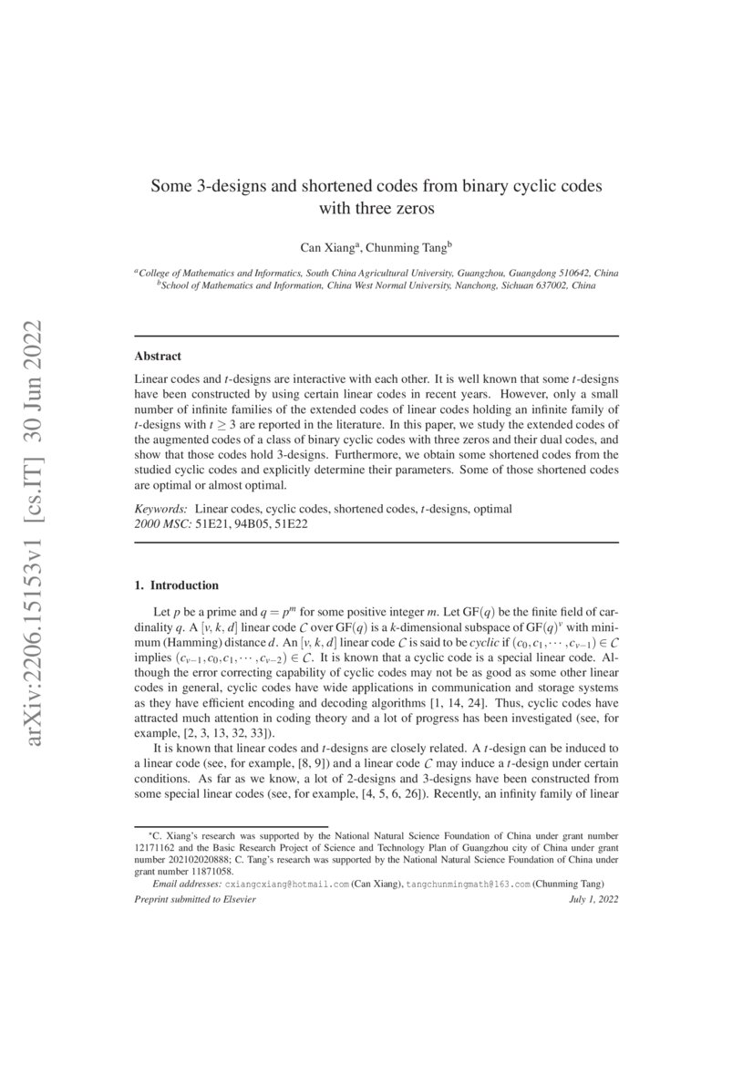 Some 3 Designs And Shortened Codes From Binary Cyclic Codes With Three Zeros Deepai 