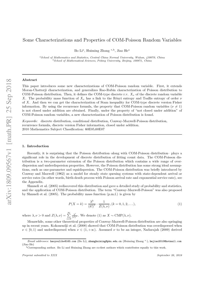 Some Characterizations And Properties Of Com Poisson Random Variables