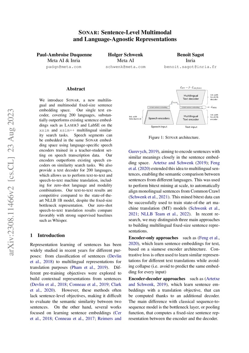 Sonar Sentence Level Multimodal And Language Agnostic Representations