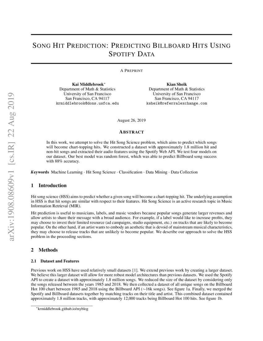 Song Hit Prediction: Predicting Billboard Hits Using Spotify Data | DeepAI