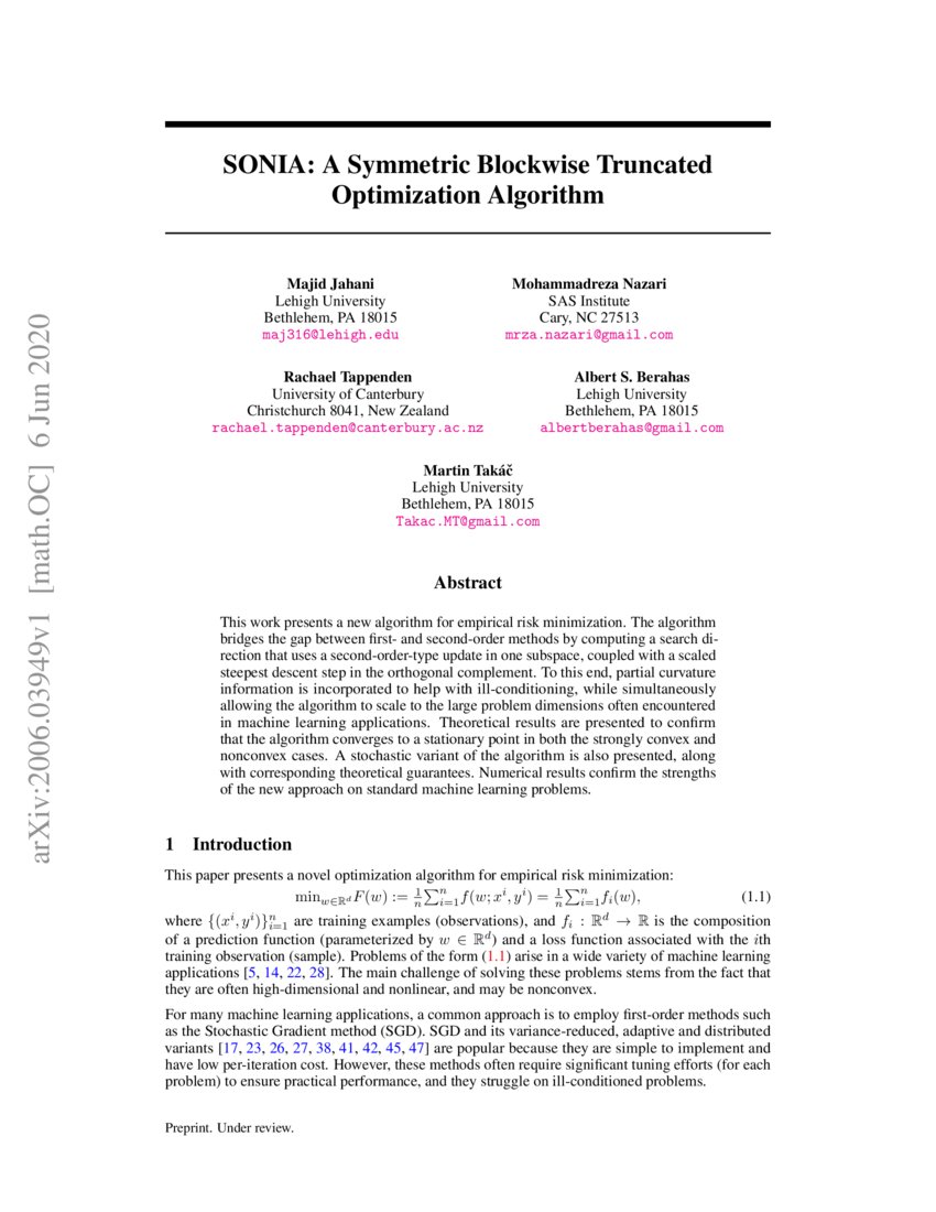 Sonia A Symmetric Blockwise Truncated Optimization Algorithm Deepai