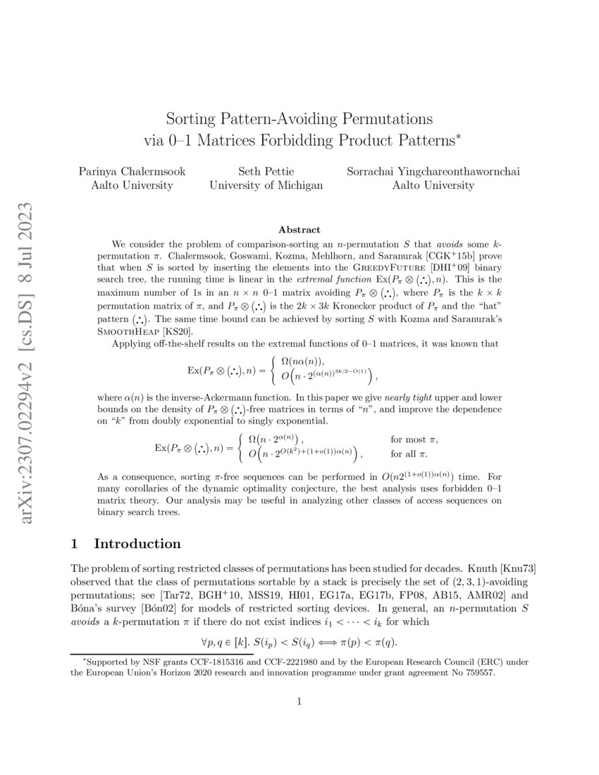 Sorting Pattern Avoiding Permutations Via 0 1 Matrices Forbidding Product Patterns Deepai