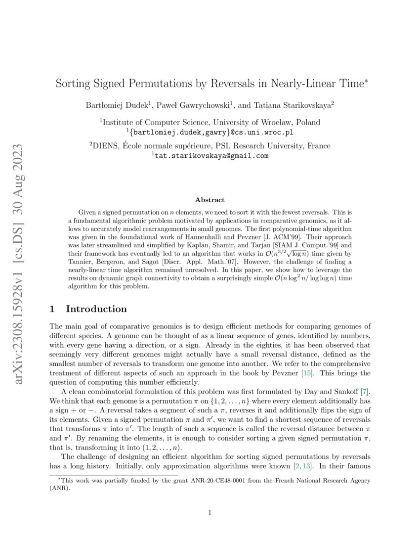 Sorting Signed Permutations By Reversals In Nearly Linear Time Deepai 