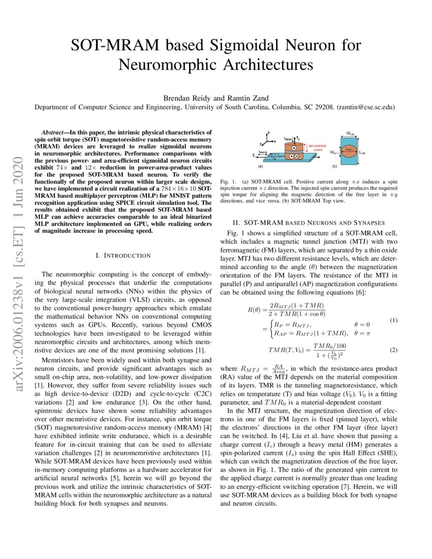 SOT-MRAM based Sigmoidal Neuron for Neuromorphic Architectures | DeepAI