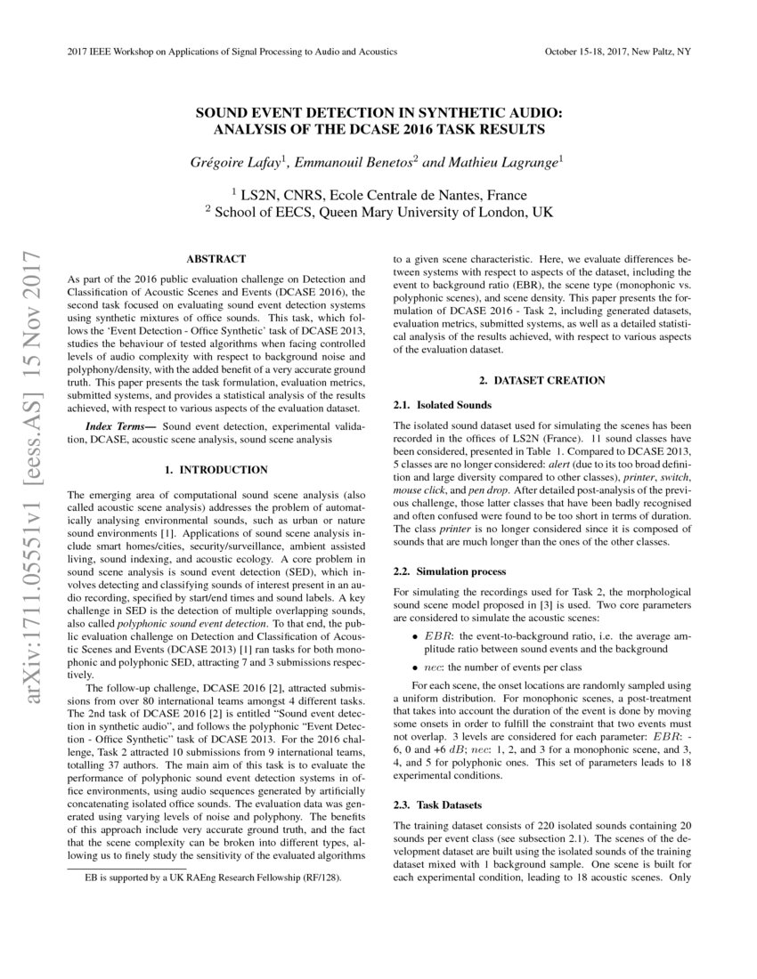 Sound Event Detection In Synthetic Audio Analysis Of The Dcase 2016 Task Results Deepai
