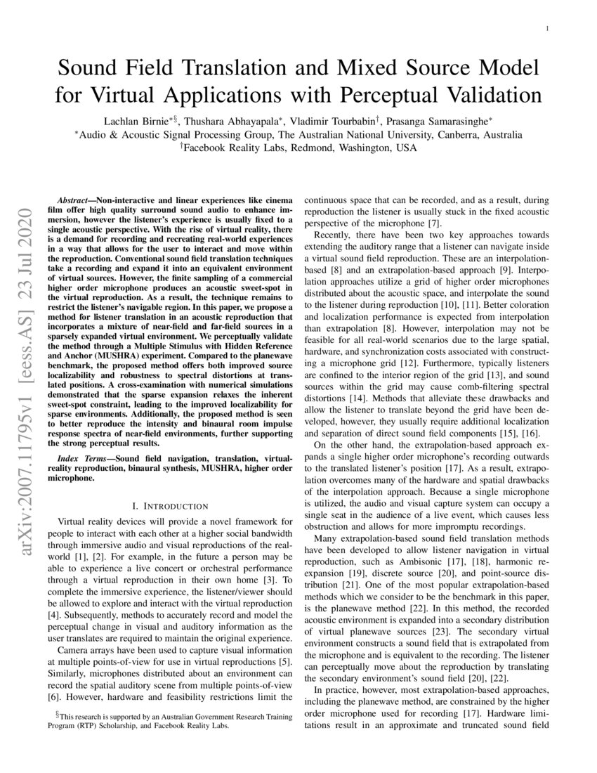 Sound Field Translation and Mixed Source Model for Virtual Applications with Perceptual ...