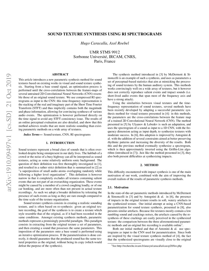 Sound texture synthesis using RI spectrograms | DeepAI