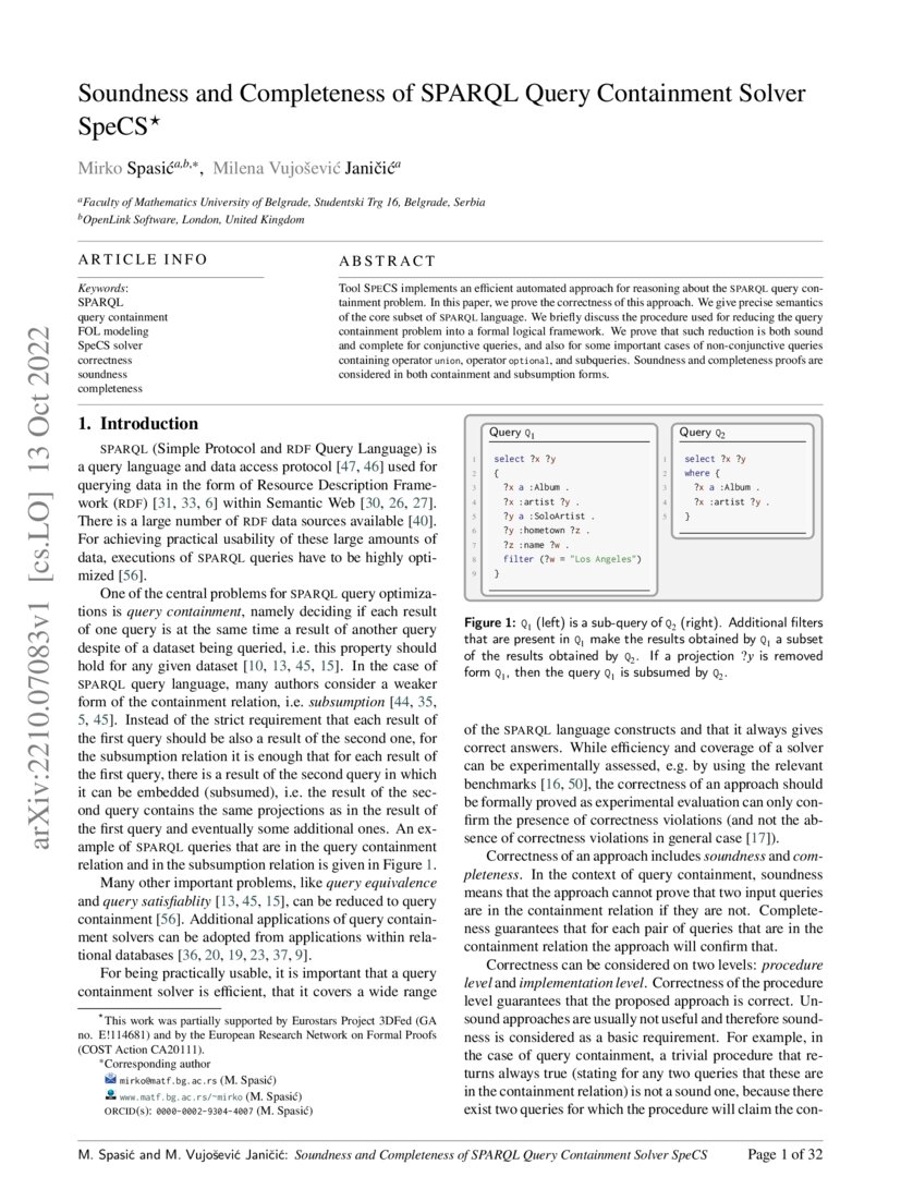 Soundness and Completeness of SPARQL Query Containment Solver SpeCS | DeepAI